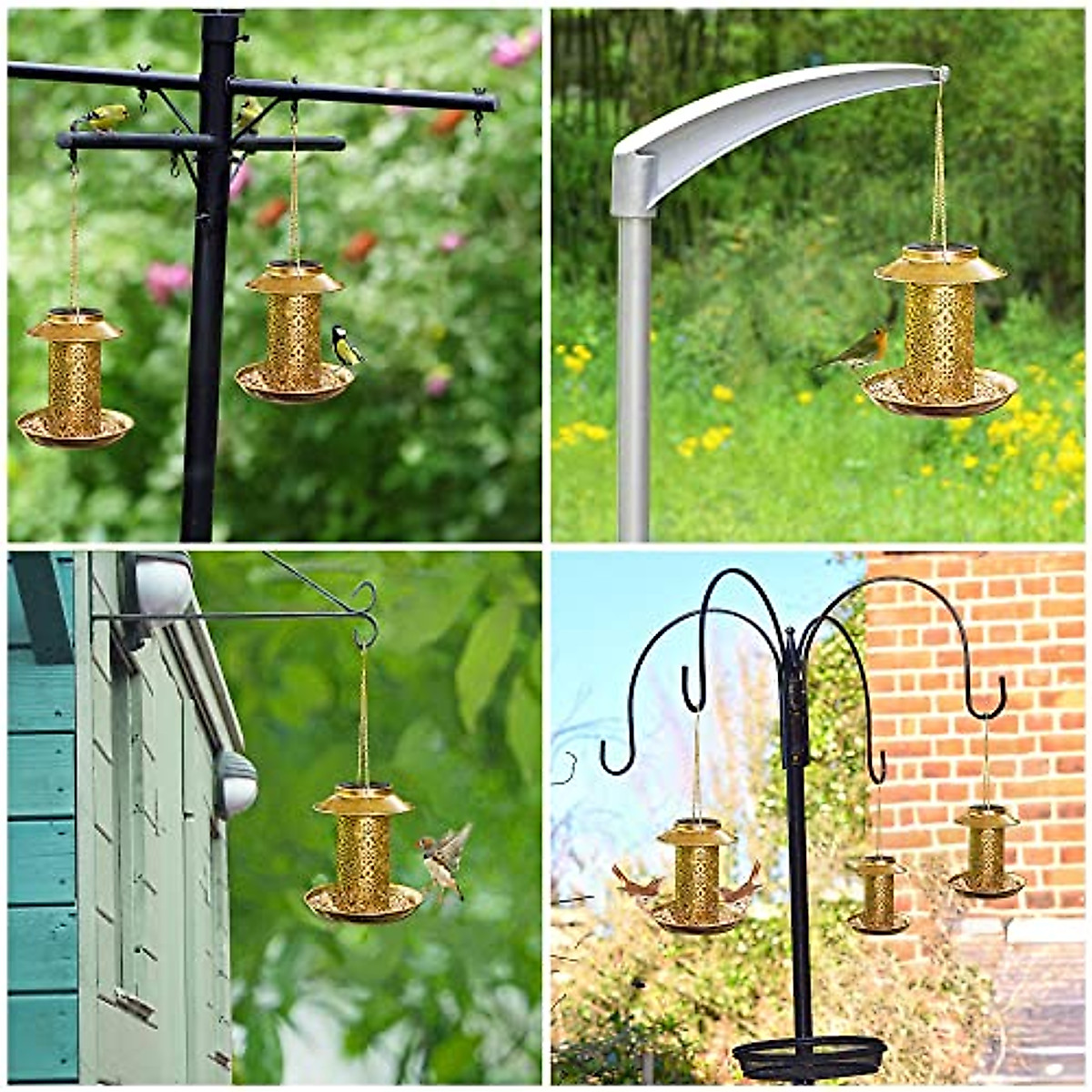 Enhon 2 Pack Solar Bird Feeder for Outdoors Hanging, Metal Wild Bird Feeder for Cardinals, Weather Resistance Solar Backyard Garden Lantern Light Decoration with S Hook as Gift Ideas for Bird Lovers