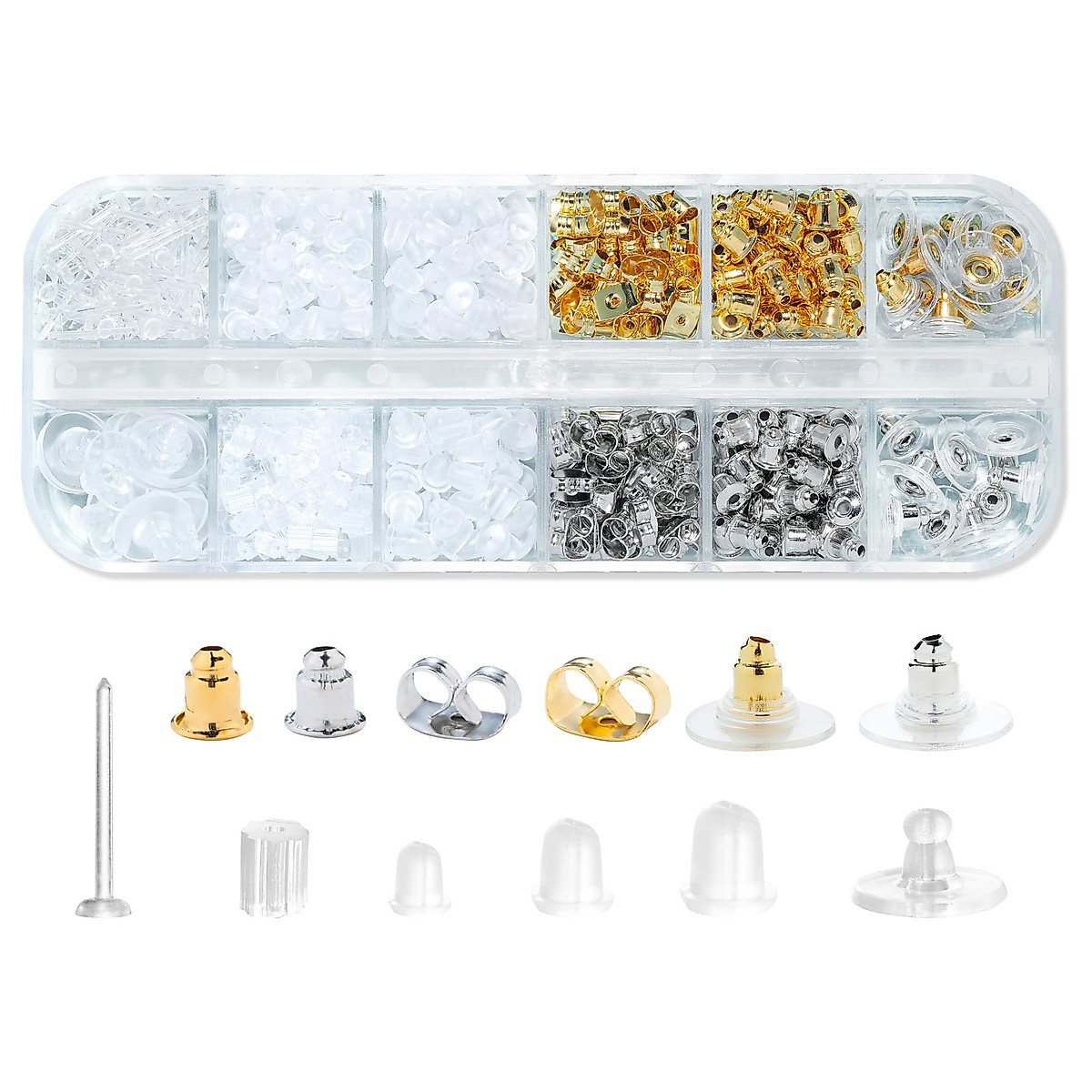 Nkwuire 12 Styles 600 Pcs Earring Backs for Studs, Clear Plastic Earrings Hypoallergenic Metal Rubber Silicone Earring Backs Bullet Clutch Stoppers Replacement Kits for Fish Hook Earring Studs Hoops