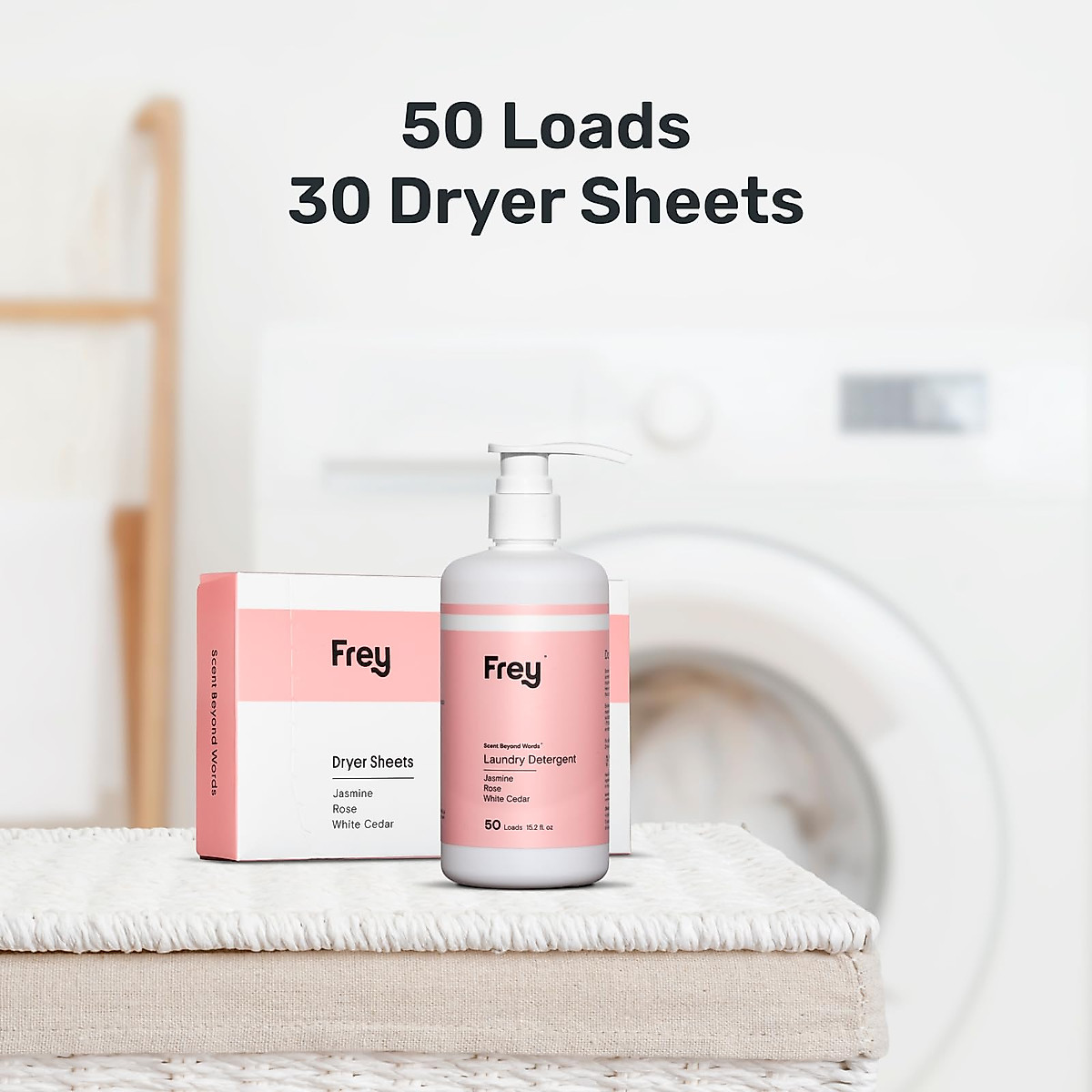 FREY Laundry Set | Concentrated Liquid Detergent & Natural Dryer Sheets | Jasmine Rose White Cedar Scent | Eco-Friendly & Skin-Safe