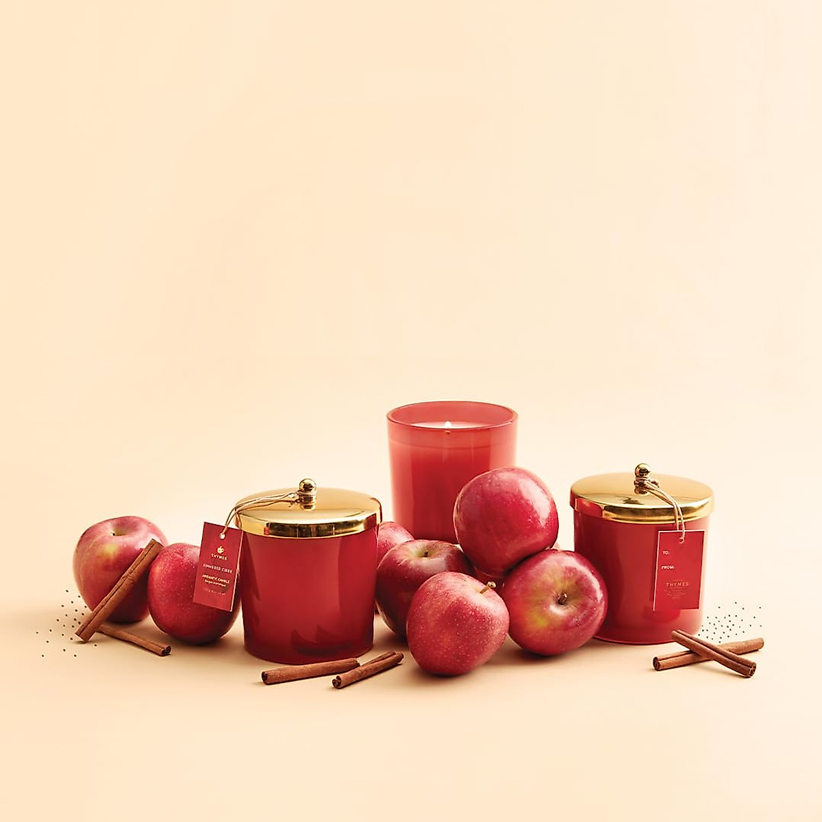 Thymes Simmered Cider Harvest Red Poured Candle - Warm & Spicy Scented Candle with Notes of Apple, Clove, and Cardamom - Luxury Home Fragrance - Red Candle (13 oz)
