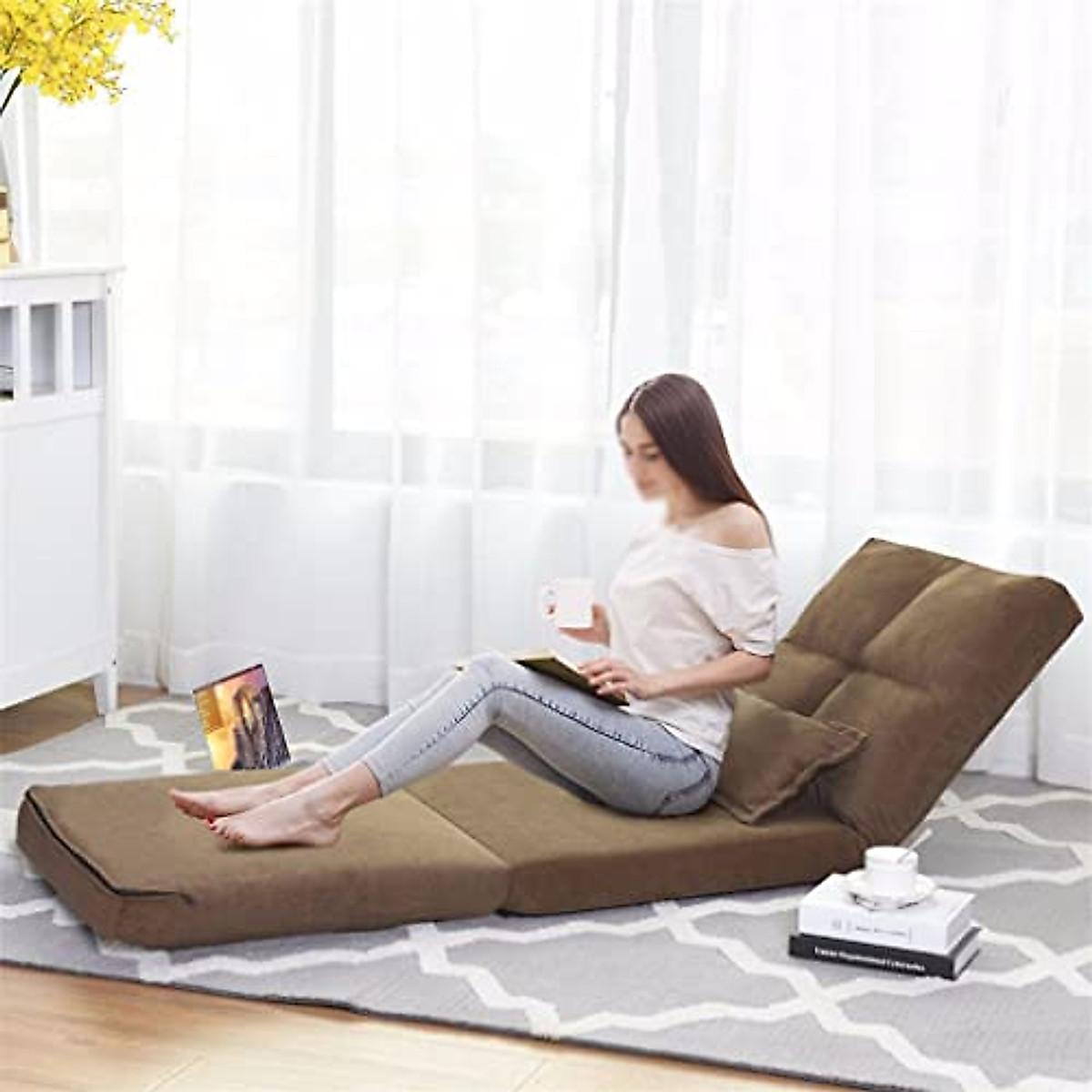 Walnut Fold Down Chair Flip Out Lounger Convertible Sleeper Couch Futon Bed w/Pillow Bedroom Furniture