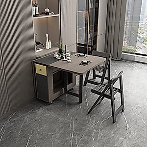 FUNROLUX Folding Dining Table with Storage Rack and 2 Drawers, Movable Kitchen Table Extendable Versatile Table Space Saving Foldable in 3 Forms (Grey)