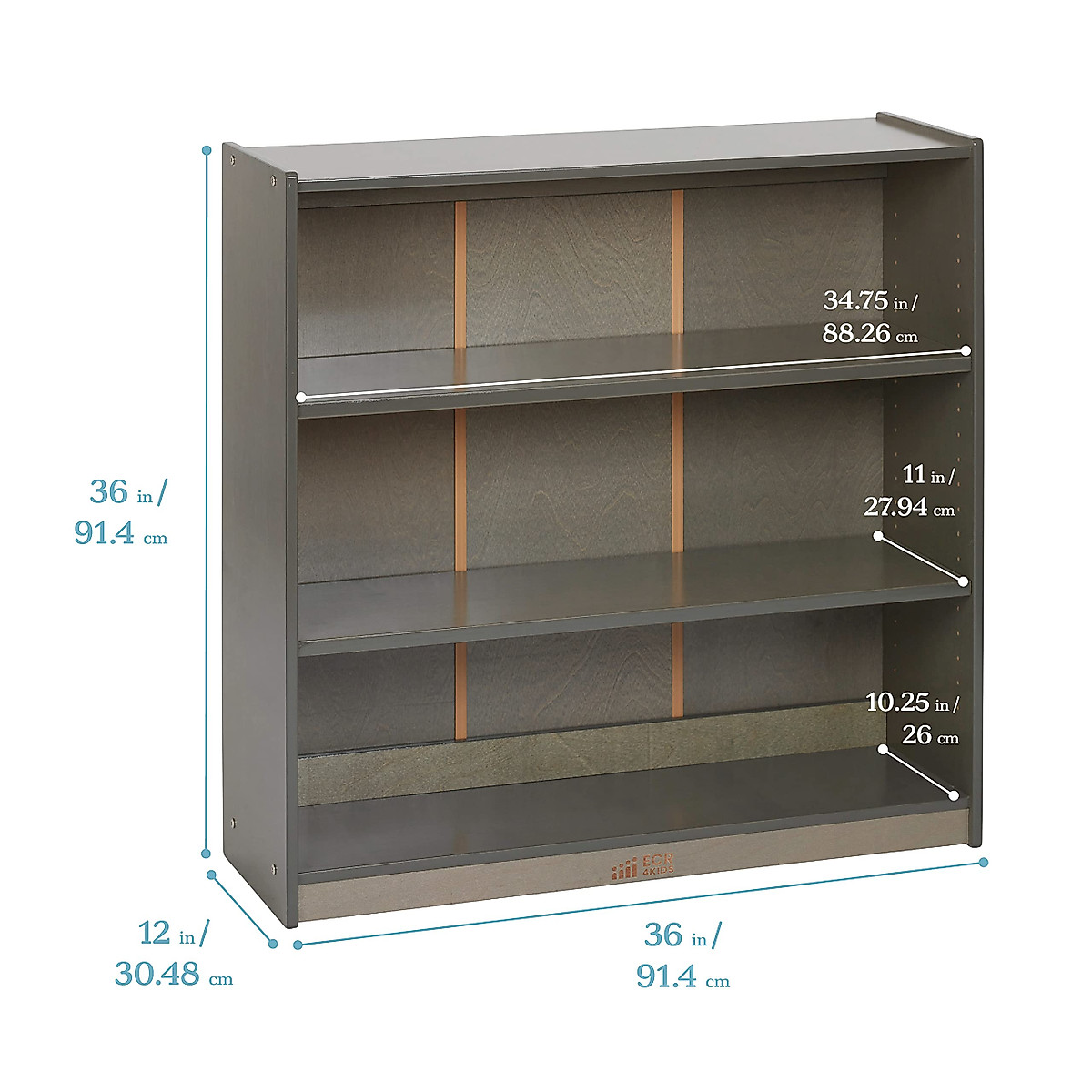 ECR4Kids Classic Bookcase, 36in, Adjustable Shelves, Grey Wash