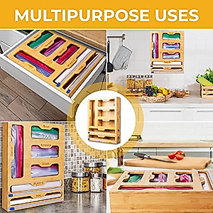 Shaw Limited Ziplock Bag Organizer - Bamboo, 6 in 1 Wrap Dispenser with Cutter, Perfect for Gallon, Quart, Sandwich & Snack Bag, Cling Film, Aluminum Foil etc; Compatible with 12" Kitchen Rolls
