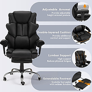 HOMREST 6-Point Massage Office Chair,Heating Executive Chair,Ergonomic Home Office Desk Chair with Retractable Footrest and Reclining Function,Leather Computer Chair with Adjustable Armrest(Black)