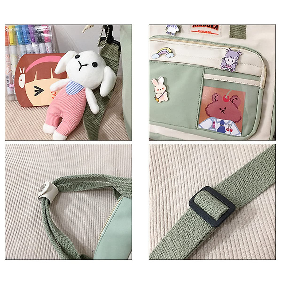 Treonca Kawaii Backpack with Kawaii Pin and Accessories Girl Cute Shoulder Tote Bag Laptop Schoolbag for Students Backpack for School (Green with pendant)