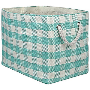 DII Woven Paper Storage Bin, Checkers, Aqua, Medium Rectangle