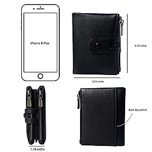 Bveyzi Small Soft Leather Wallet for Women RFID Blocking Ladies Card Holder with Double Zipper Pocket (Black)