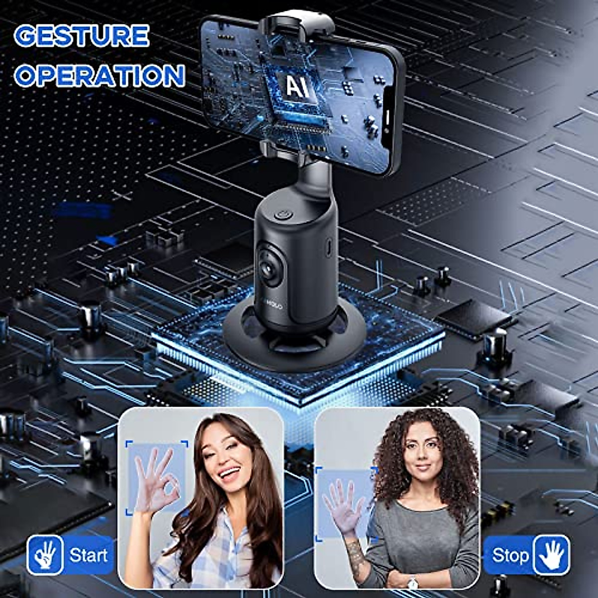 Auto Face Tracking Tripod with Remote, 360° Rotation Auto Tracking Phone Holder, No App, Smart Phone Moving Tripod for Shooting Video, Live Vlog Rechargeable Battery(Black)