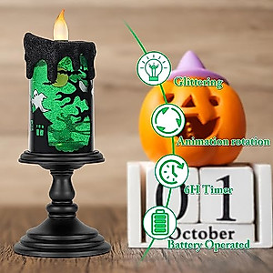 Halloween Snow Globe, Battery Operated Flameless Candle Snow Globe with 6 Hour Timer, Sparkly Glitter Candle Lantern Table Centerpiece for Home Indoor Halloween Decoration(Green)
