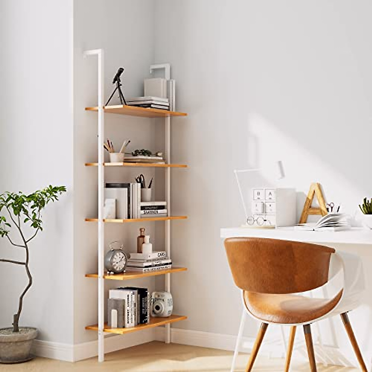SogesHome Industrial Wall-Mounted Ladder Shelf, 5-Tier Modern Bookshelf with Industrial Metal Frame, Bookcase Organize Plant Flower Display Stand for Kitchen, Living-Room, Bedroom, Office