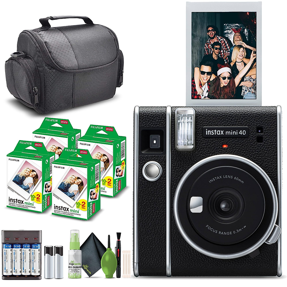 Fujifilm Instax Mini 40 Instant Camera Black Bundle with Fuji Instax Mini Film 80 Sheets + 4 Rechargeable Batteries and More Perfect Camera for Wedding, Kids, Birthday Or Any Occasion