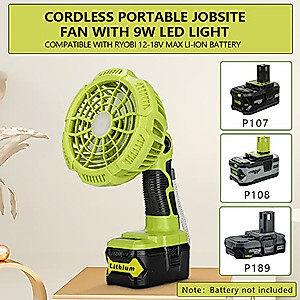 WaxPar For Ryobi Fan Cordless Battery Fan, for Ryobi 18V Fan Battery Operated Fan for Camping with LED Light Compatible with Ryobi 18V one+ Li-Ion Battery, Remote, 3 Wind/Brightness Modes, Timer