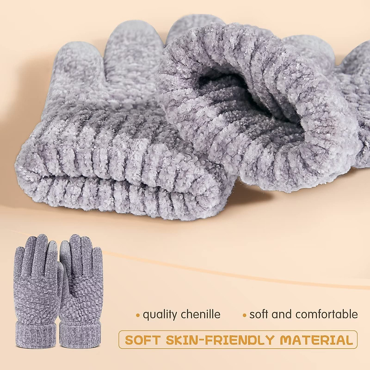 HAITHO Kids Winter Gloves 3 Pairs, Chenille Knit Gloves for Cold weather, Children Warm Fleece Lined Touchscreen Gloves, Thermal Toddler Gloves for Teen Girls Boys 3-8 Years