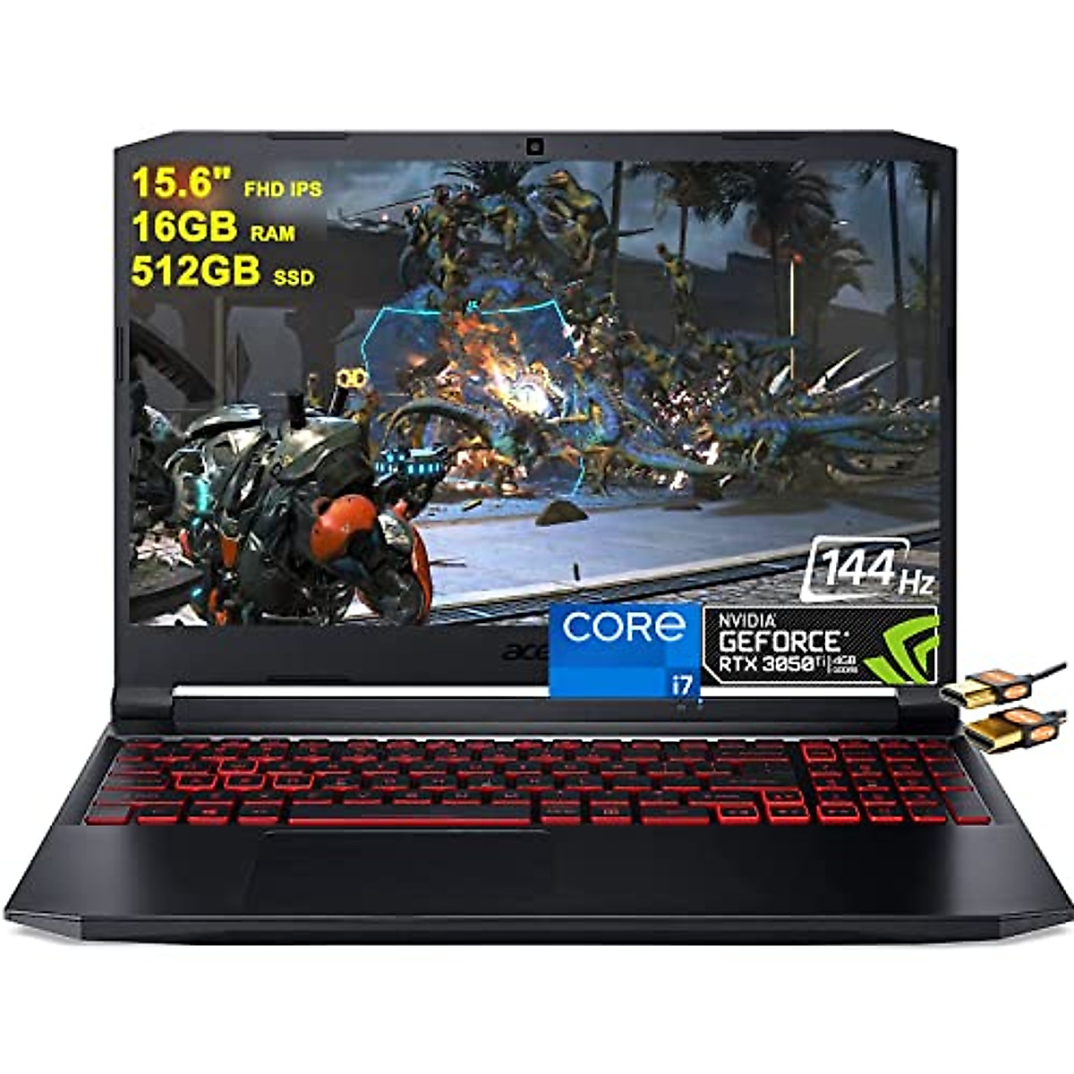 Acer Nitro 5 Gaming Laptop 15.6" FHD IPS 144Hz Display 11th Generation Intel Octa-Core i7-11800H 16GB RAM 512GB SSD GeForce RTX 3050 Ti 4GB Graphic Backlit USB-C Win11 + HDMI Cable