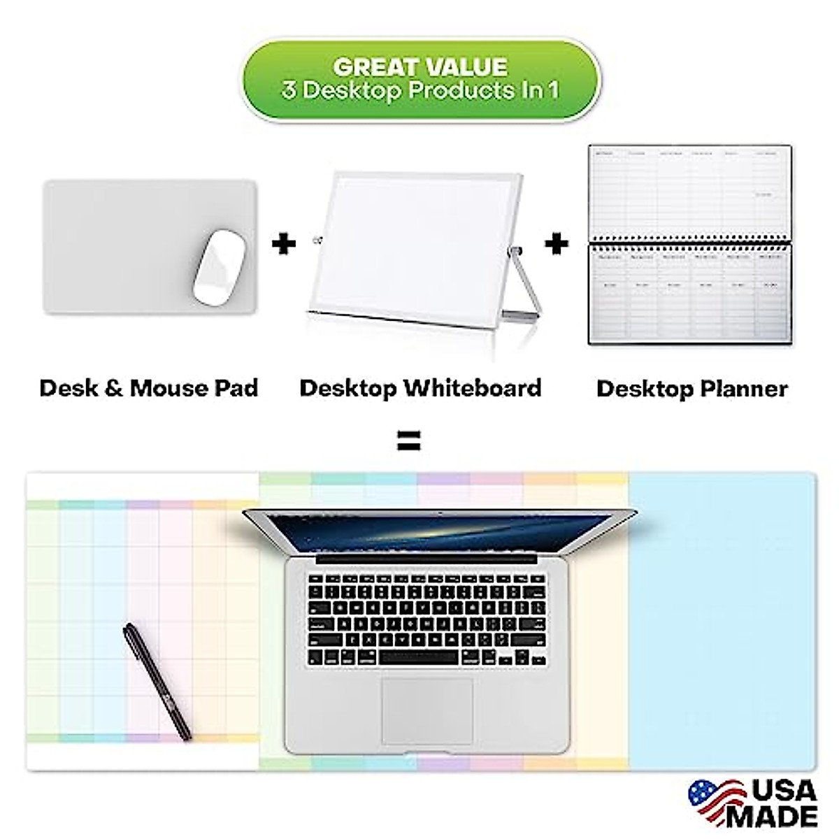 M.C. Squares 3-in-1 Dry Erase Desk Mat, Mouse Pad & Calendar | Erasable Writing White Board | Large Non-Slip Desktop Protector for Office, Home, School | Includes Wet Erase Marker | 34"x13"