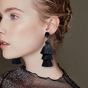 Me&Hz Black Tassel Earrings for Women Dangling Layered Fringe Long Tassel Dangle Black Earrings for Women Girls Bohemian Boho Statement Vintage Big Black and Gold Earrings Jewelry