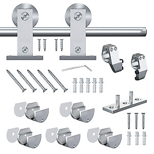 SMARTSTANDARD 6 Feet Top Mount Sliding Hardware Kit with 12'' Pull and Flush Handle Set and Adjustable U Shape Barn Door Floor Guide