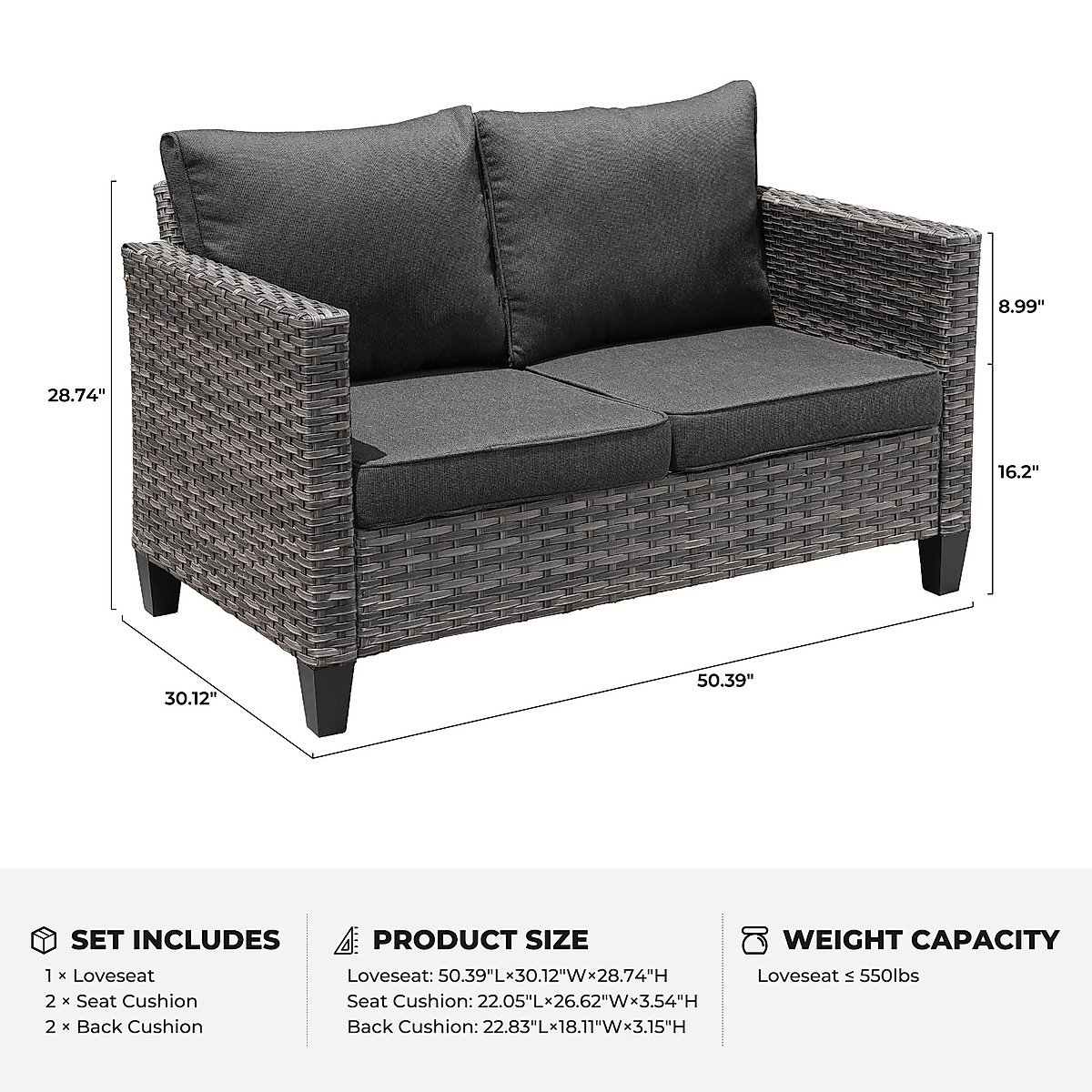 ovios Patio Loveseat, 2-Seater Outdoor Wicker Sofa Couch with Comfy Cushions, All Weather High Back Deep Patio Seating Rattan Love Seat for Porch Deck Balcony, Black