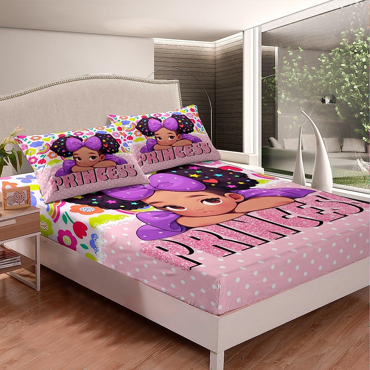 Black Girls Fitted Sheet Twin Size,Princess Girl Pink Diamond Glitter Pattern Bedding Set,Cute African Style Americans Bed Sheet Kids Teens Cartoon Colorful Flower Deep Pocket Sheet,1 Pillowcase