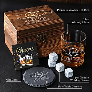 70th Birthday Gifts for Men Whiskey Glass Set - 70th Birthday Decorations, Party Supplies - 70 Year Anniversary, Bday Gifts Ideas for Him, Dad, Husband, Friends - Wood Box & Whiskey Stones & Coaster