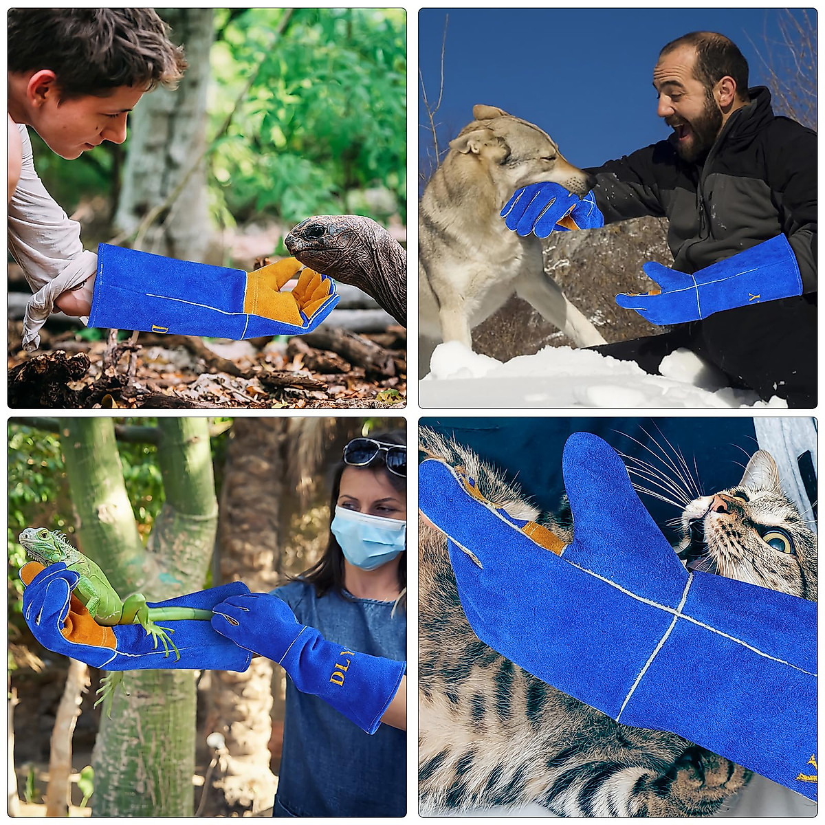 DLY Animal Handling Gloves, Double Cowhide Leather Reinforced Padding, Dog Bite Gloves for Grabbing Cat, Reptile, Grooming, Falcon, 17.7 Inches, Yellow-blue