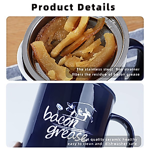 ONTUBE Ceramic Bacon Grease Container with Strainer, Cooking Oil Storage Can Grease Keeper for Kitchen, Navy