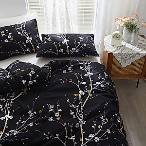 ARYURBU Floral Duvet Cover Set Queen Size with 2 Pillowcases Black, Flower Branch Printed Design, Lightweight Soft Microfiber Comforter Cover Bedding Set 3pcs with Zipper Closure and Corner Ties