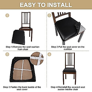 NIBESSER Waterproof Chair Seat Covers Set of 6, PU Leather Dining Chair Seat Covers, Stretch Chair Cover for Dining Room Chairs, Removable Kitchen Seat Cushion Slipcovers Protector (Black)