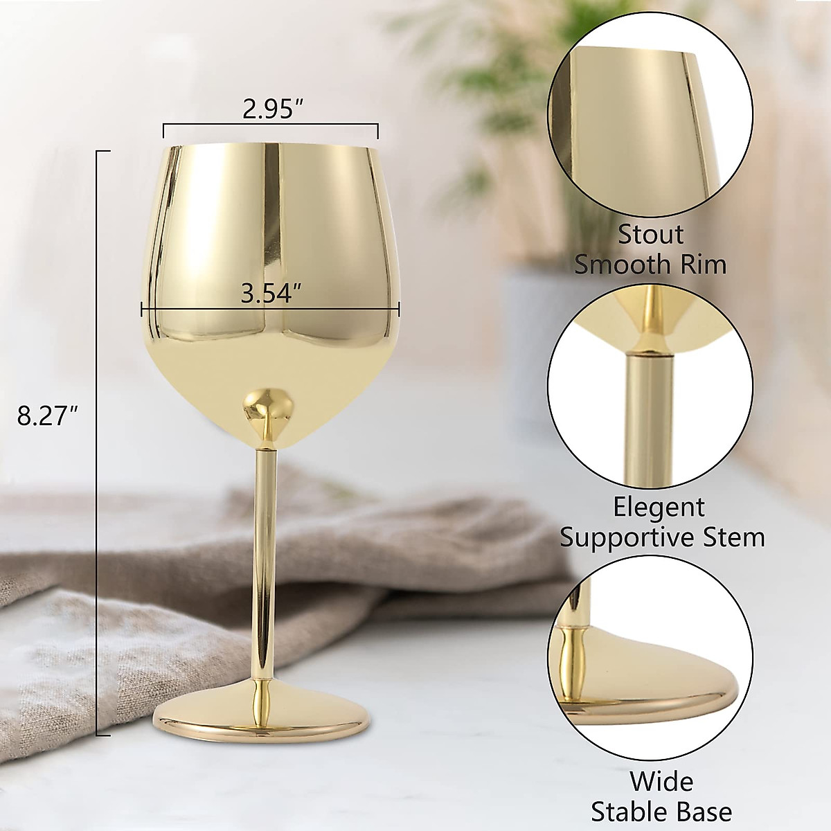 AgHook Wine Glasses 18/8 Stainless Steel, Set of 2 16 Oz Stemmed Wine Goblets, BPA Free Copper Coated Shatterproof, Elegant Tone Drinkware for Champagne and Cocktails