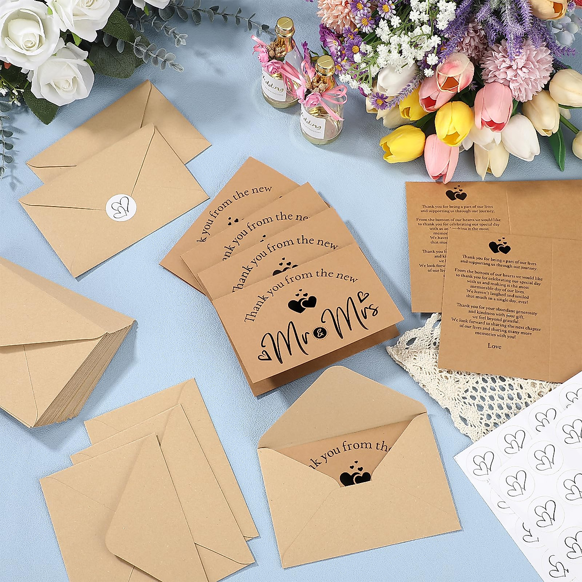 Spakon 100 Sets Wedding Thank You Cards with Envelopes and Stickers Wedding Themed Kraft Paper Thank You Card with Message Inside Mr and Mrs Thank You Notes for Bridal Shower Anniversary Guests