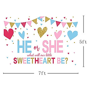 MEHOFOND Sweetheart Gender Reveal Baby Shower Photo Background He or She Valentine's Day Blue or Pink Gold Love Hearts Party Decoration Backdrops Banner for Photography 7x5ft