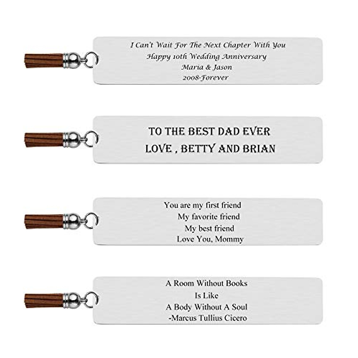 JOVIVI Personalized Metal Bookmarks, Custom Message Stainless Steel Rectangle Tag with Brown Tassel for Book Lover Kids Office School Reading