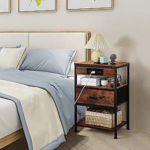 Nightstand with Charging Station Bed Side Table with Fabric Drawer 3-Tier End Table with USB Ports and Outlets Industrial Night Stand for Bedroom Living Room Vintage Brown