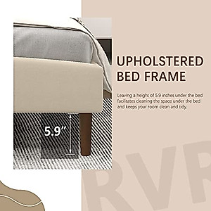 RYR Upholstered Platform Queen Size Bed Frame with Geometric Headboard,Wooden Slat Support Non-Slip Easy Assembly No Box Spring Required Beige Linen