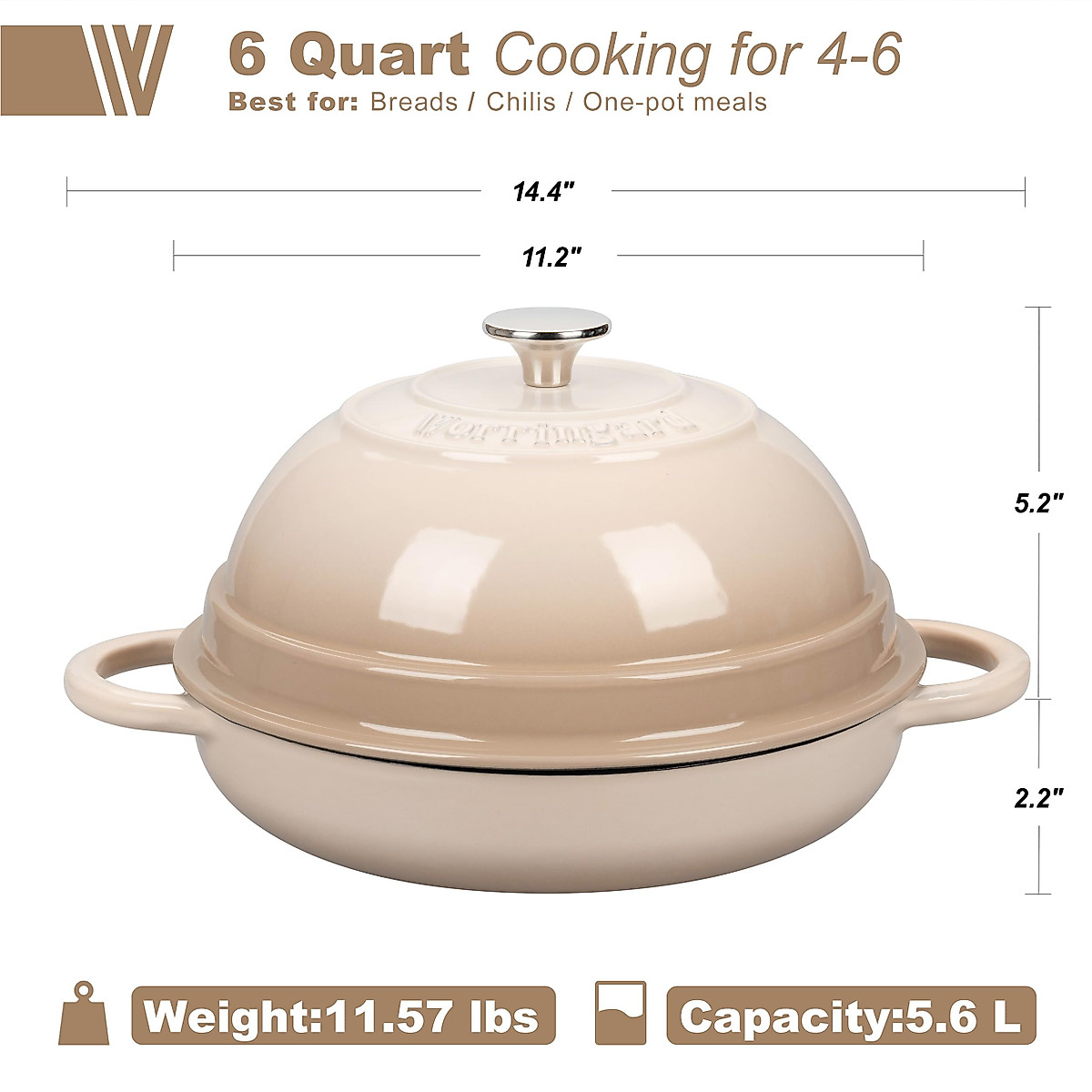 VORRINGARD Cast Iron Enameled Dutch Oven Pot with Lid for Bread Baking, Bread Oven, 6 Quart, Latte