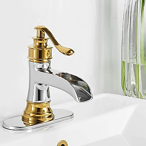 Homevacious Bathroom Faucet Waterfall Single Handle Chrome and Gold Vanity with Pop Up Drain with Overflow One Hole Lever Bath Sink Basin Restroom Mixer Tap Commercial Supply Line Lead-Free