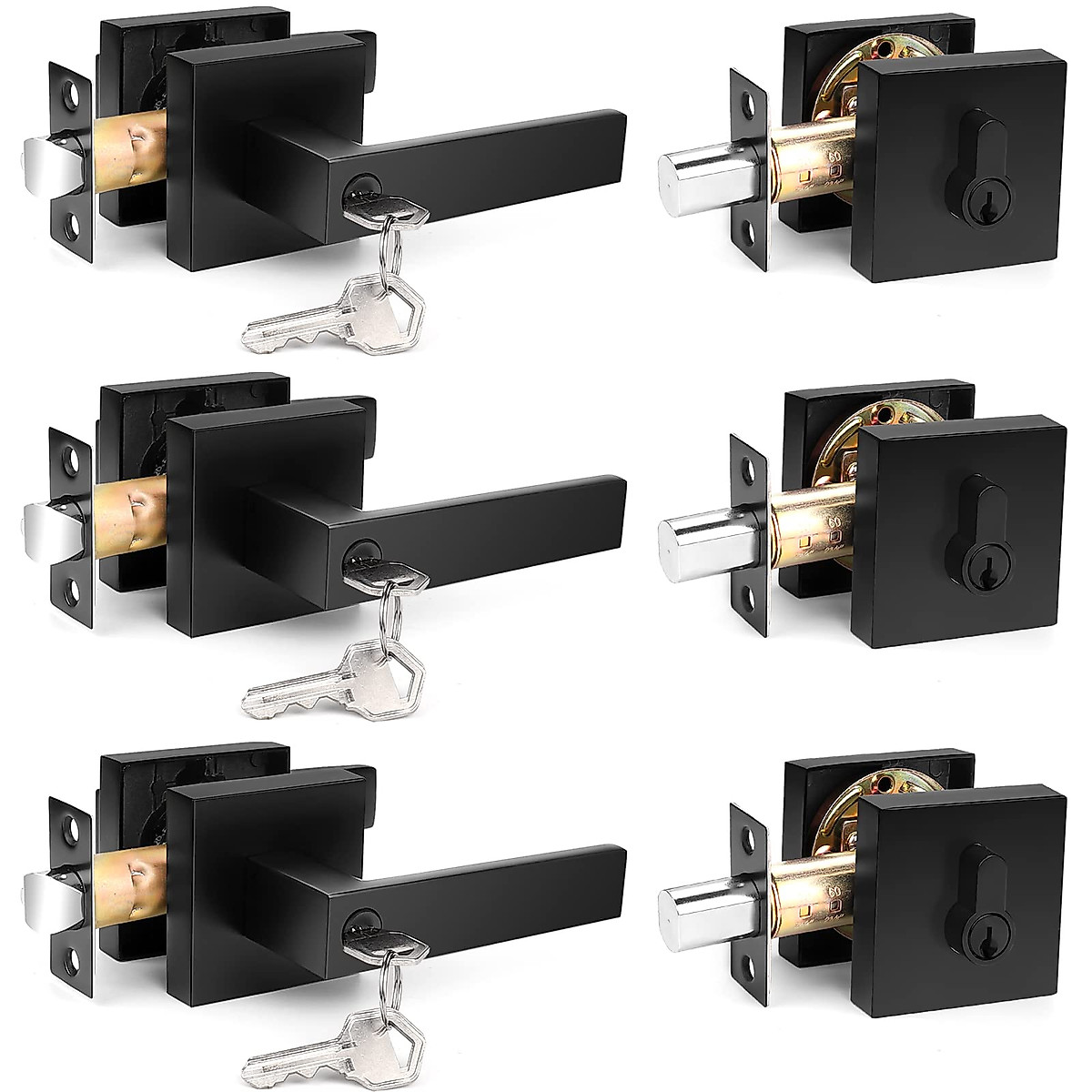 Probrico Flat Black Square Entry Levers Locksets and Single Cylinder Deadbolts Combination Set, Heavy Duty Front Door Office Entrance Levers, 3 Pack Keyed Alike(All Same Keys)