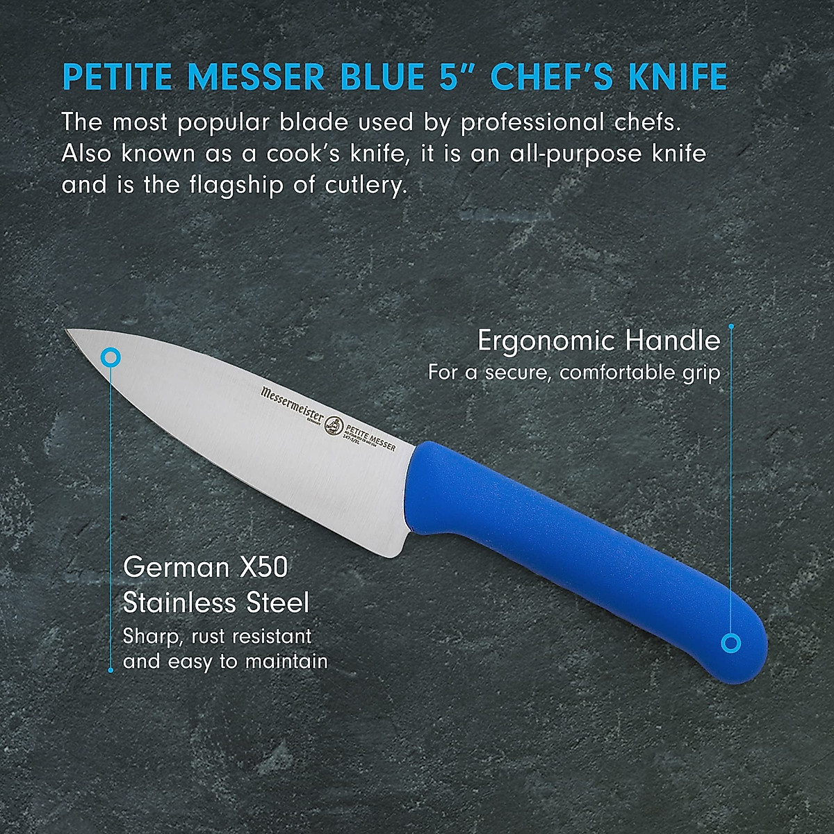 Messermeister Petite Messer 5” Chef’s Knife, Blue - German 1.4116 Stainless Steel & Ergonomic Handle - Lightweight, Rust Resistant & Easy to Maintain