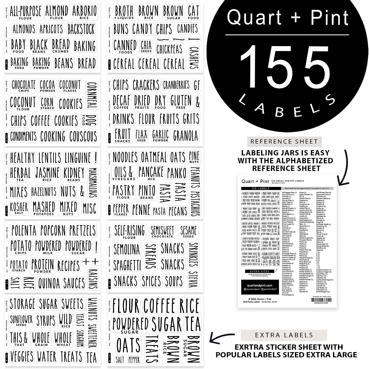 QUART + PINT 155 Kitchen Pantry Labels for Containers. Preprinted Clear Handwritten Stickers with Black Text. Waterproof Vinyl Stickers. Organization Labels for Jars Canisters & Home Storage Bins.