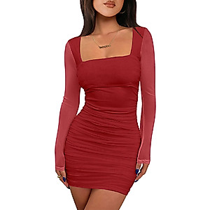 ANRABESS Women's Square Neck Mesh Ruched Bodycon Mini Dress Puff Long Sleeve Sexy Cocktail Party Short Dresses 2024 Large Red