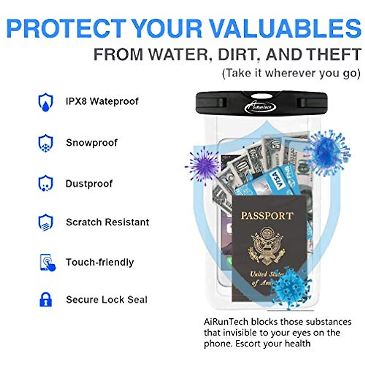 AiRunTech Waterproof Case, Waterproof Cell Phone Dry Bag Compatible for iPhone 14/13/12/12 Pro Max/11/11 Pro/SE/Xs Max/XR/8P/7 Galaxy up to 7.0", Phone Pouch for Beach Kayaking Travel (2 Pack)