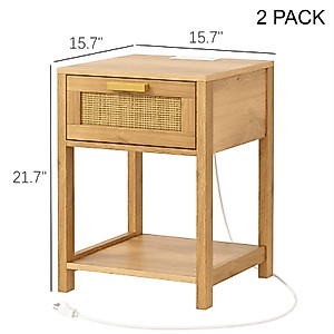 Rovaurx Rattan Set of 2 Nightstand with Charging Station, Wooden End Table with Storage Drawer and Opening Shelf, Bedside Table, Natural RCTG109ME02