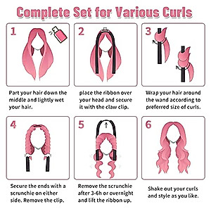 Heatless-Hair-Curler, Upgraded Segmented Design No Heat Silk Curls Headband for More Comfortable Sleep Overnight, Silk Curling Ribbon for Hair with Rubber Bands and Clips (Pink)