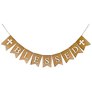 Shimmer Anna Shine Blessed Burlap Banner Baptism and Easter Decorations Christening First Communion Confirmation Baby Shower Wedding Birthday Party Supplies with Cross
