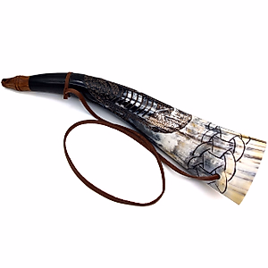 Viking War Horn - 16" Genuine Ox-Horn Battle Trumpet - Premium Hand Engraved BOAT Horn Viking Norse Cattle Ancient Horn Bugle Hunting Tool BATTLE HORN BLOWING HORN VIKING BUGLE HORN With Wooden Stand