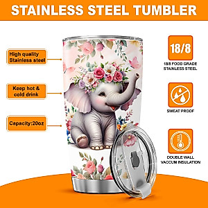 HUBUPU Just A Girl Elephant, Tumbler 20 Oz With Lid And Straw, Floral Flower, Elephant Gifts