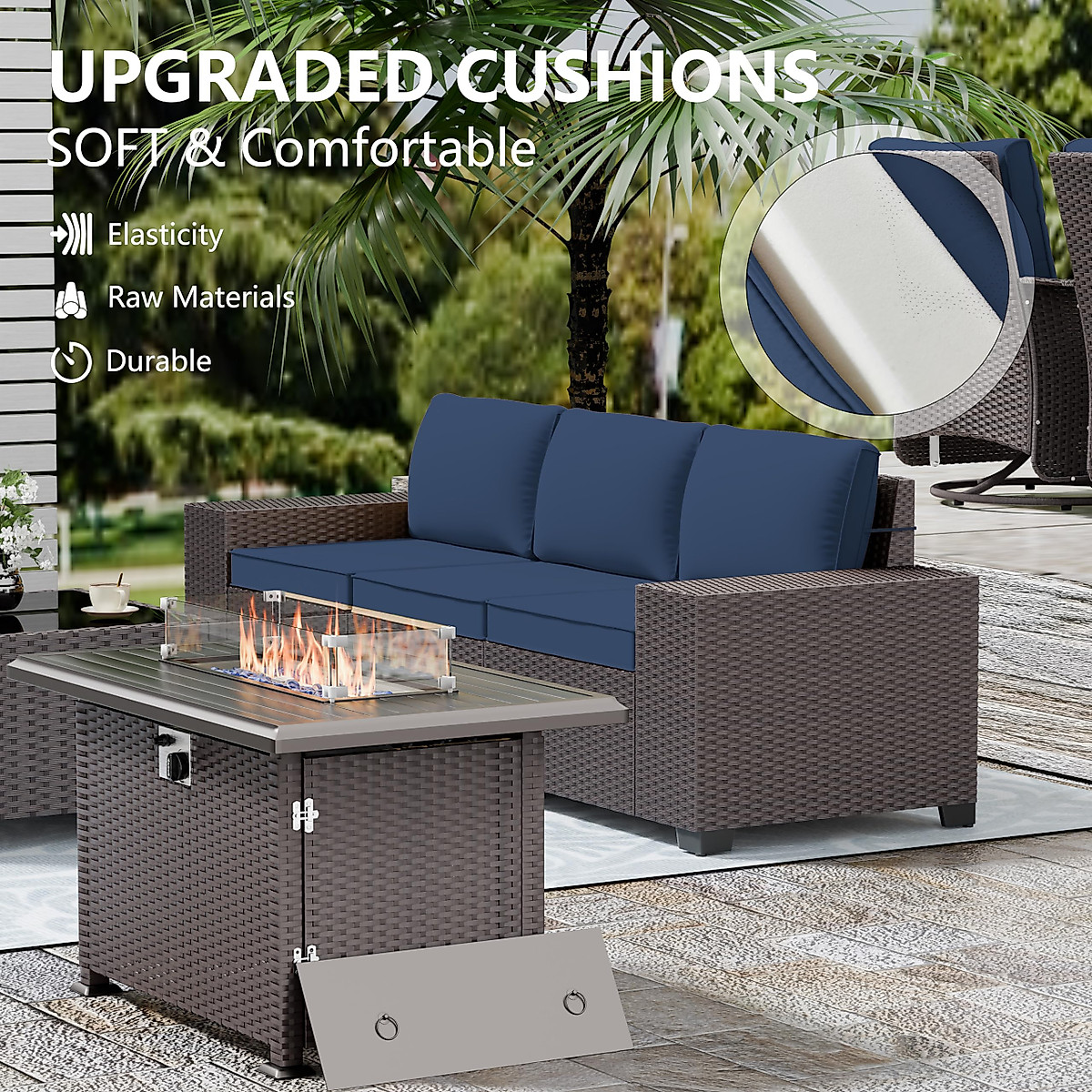 Rwnnad Patio Furniture Set Sofa 7-pcs Wicker Sectional Sofa Set with 55,000 BTU Gas Fireplace Table,Outdoor Furniture Rattan Sets with Tempered Glass Coffee Table