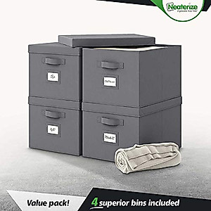 NEATERIZE Storage Bins With Lids and Labels (Set of 4) - Heavy-Duty Empty Fabric Storage Organizers with Removable Lids & Dual Handles. Great For Photos, Toy box, Linen Closet, Clothes (33 QT - Grey)