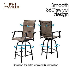 PHI VILLA Outdoor Swivel Bar Stool Set of 2 Patio Bar Chair Padded Textilene for Bistro Lawn All Weather Furniture Set, Brown